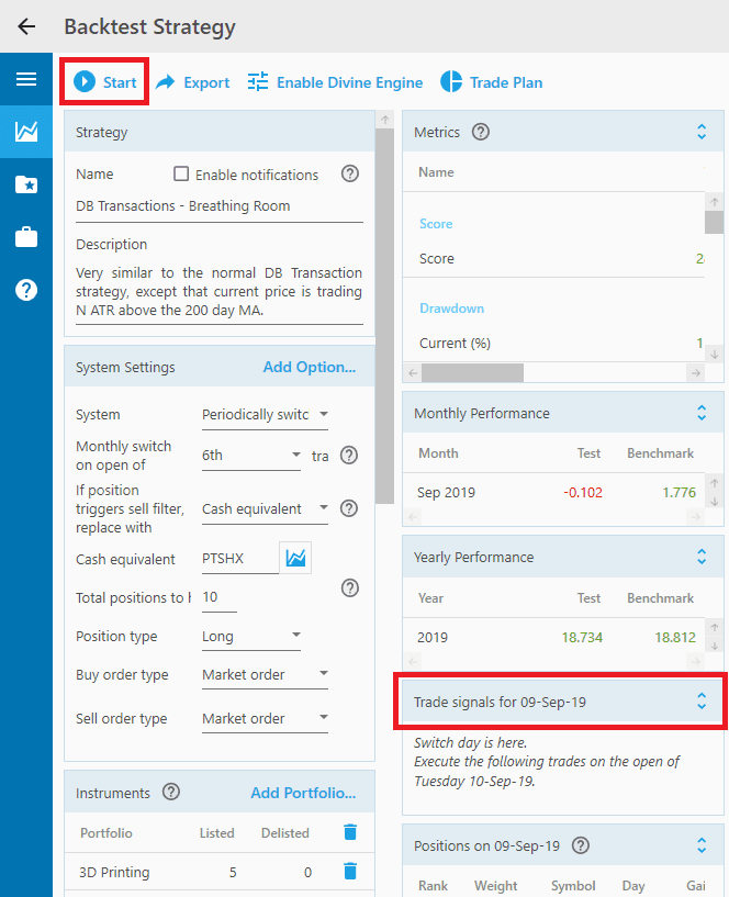 Start Trading Signals panel - Portfolio Boss