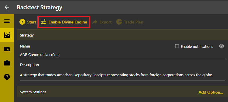 Enable Divine Engine button - Portfolio Boss